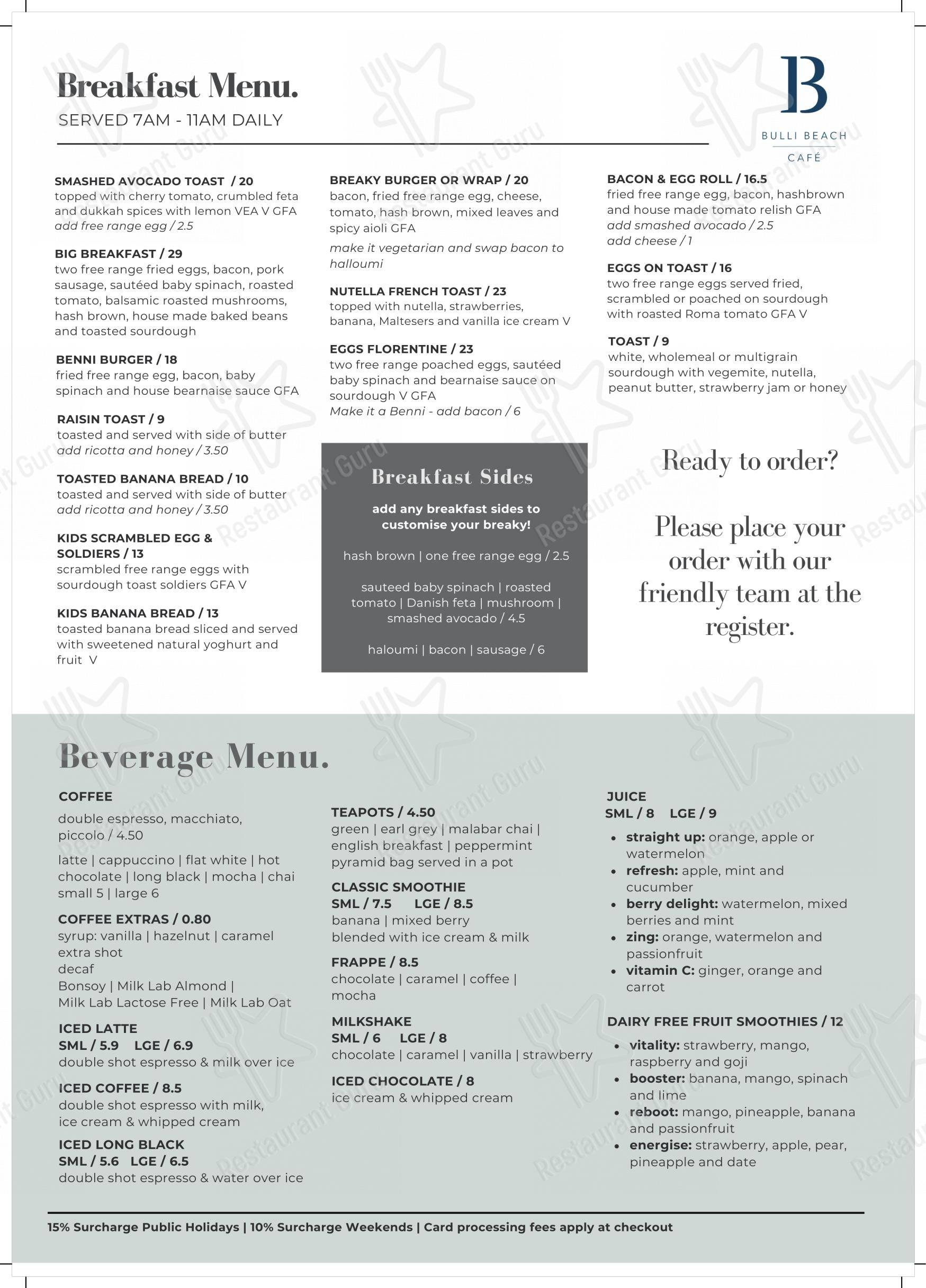 Menu at Bulli Beach Cafe, Bulli