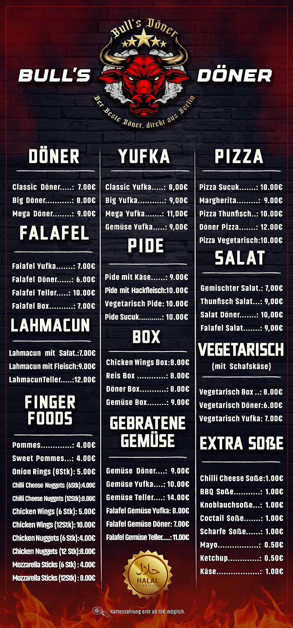 Menu at Bull‘s Döner restaurant, Mannheim