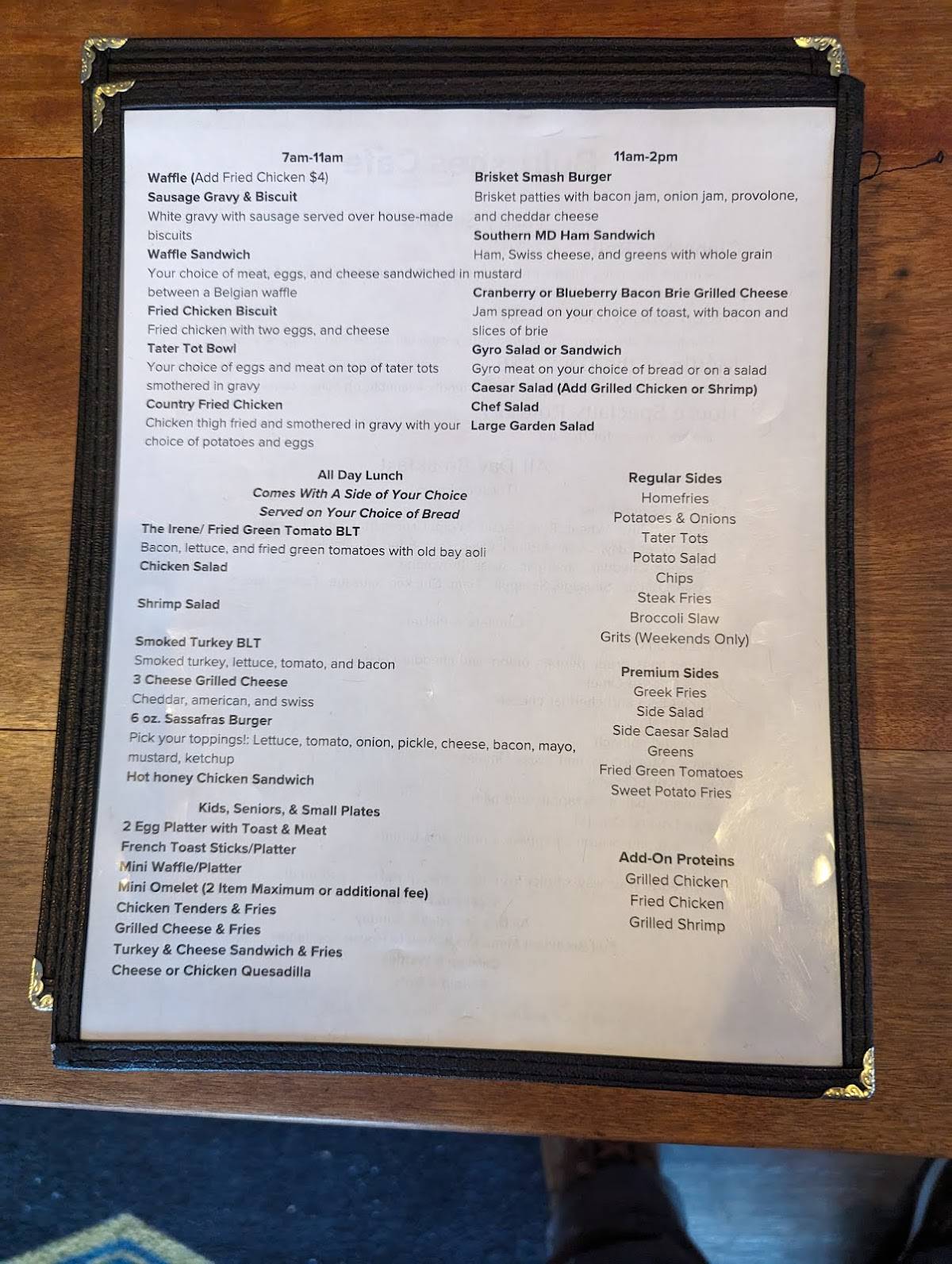 Menu at Bulrushes Cafe, Prince Frederick