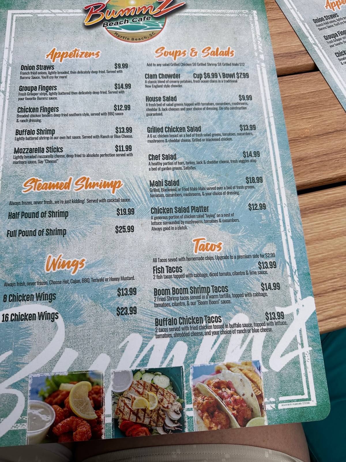 Menu at Bummz Beach Cafe, Myrtle Beach