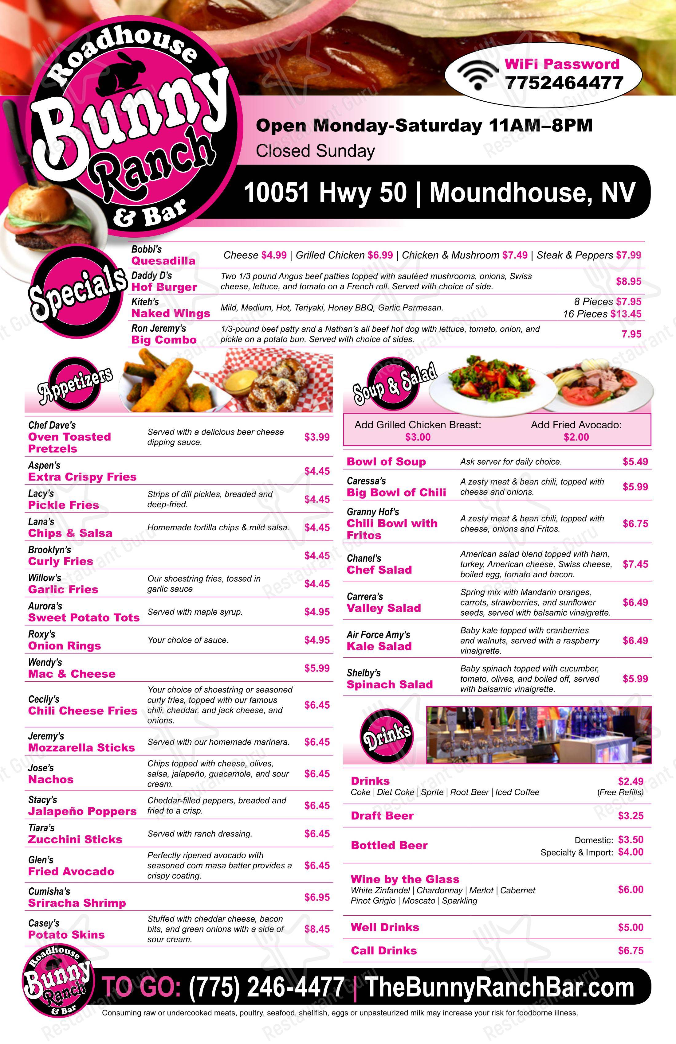 Menu at Bunny Ranch Bar and Roadhouse, Carson City