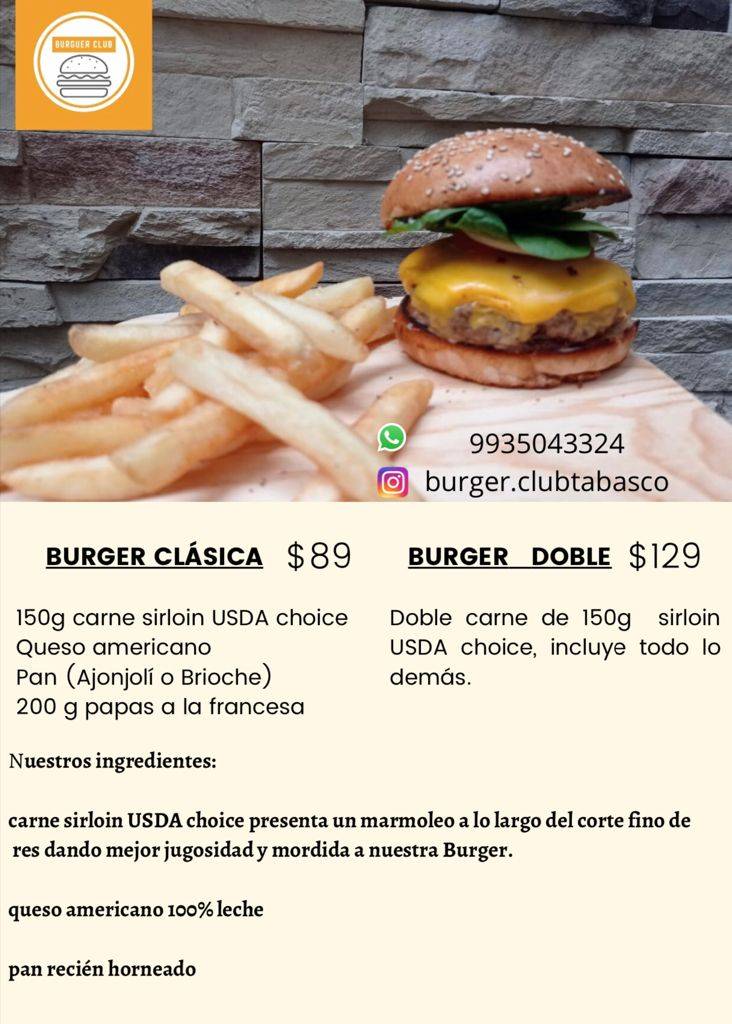 Menu at Burger Club, Villahermosa