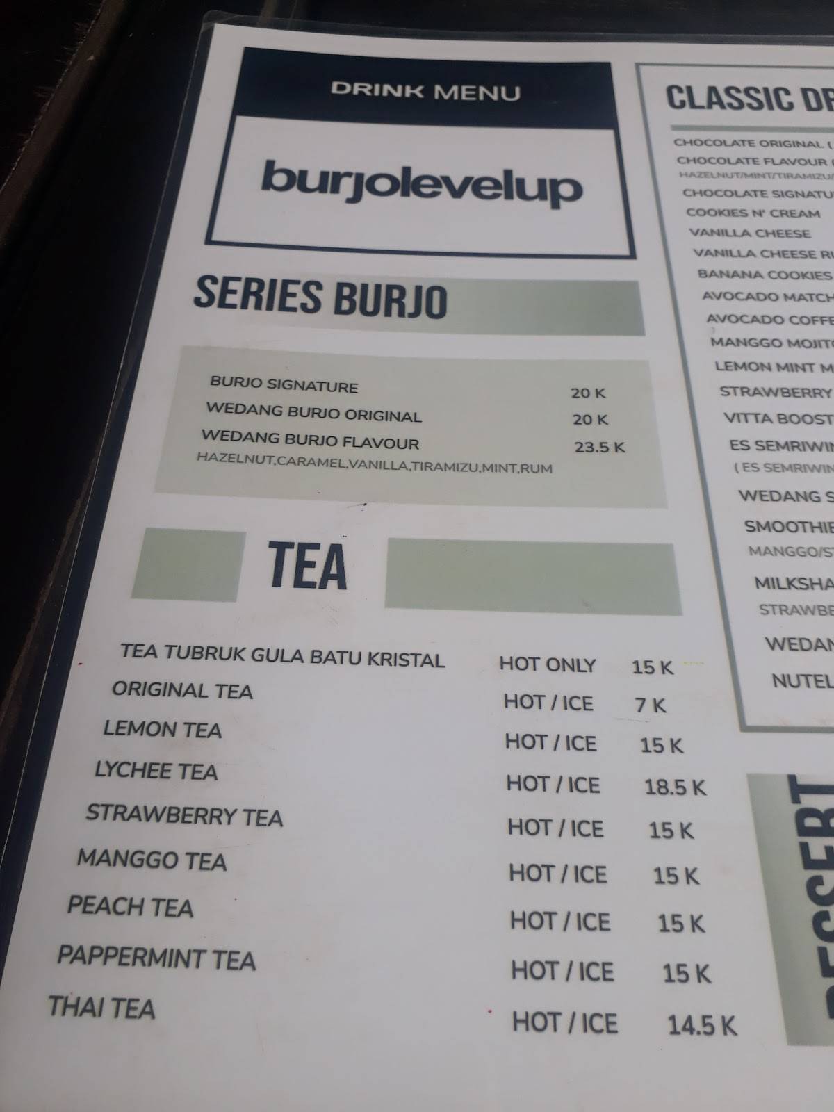 Carta del café Burjo Level Up, Candirejo
