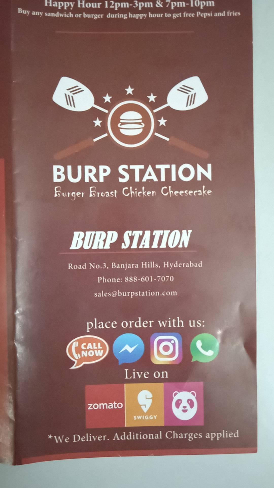 Menu at Burp Station, Hyderabad