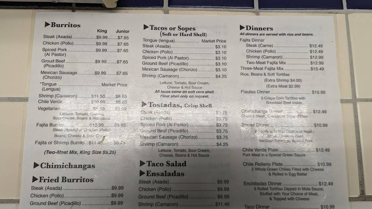 Menu at Burrito House restaurant, Schuyler