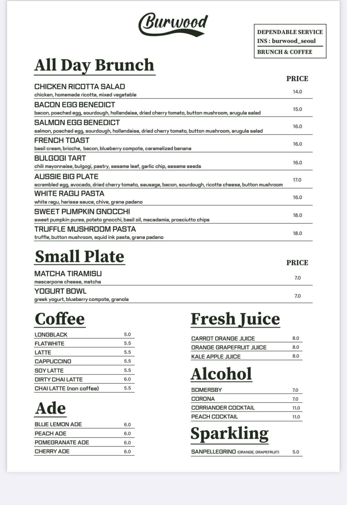 Menu at 버우드Burwood restaurant, Seoul