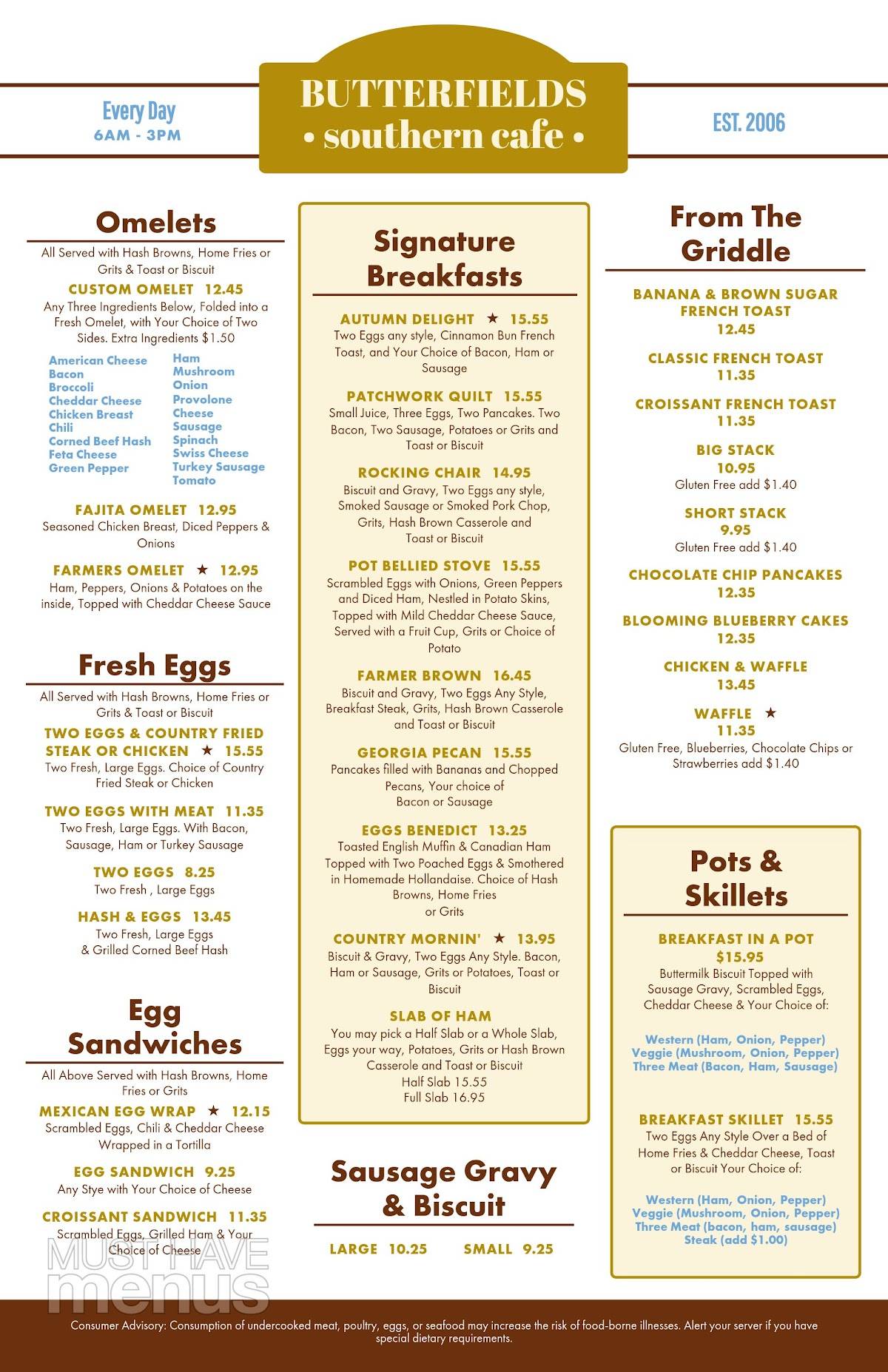 Menu at Butterfields Southern Cafe, Royal Palm Beach