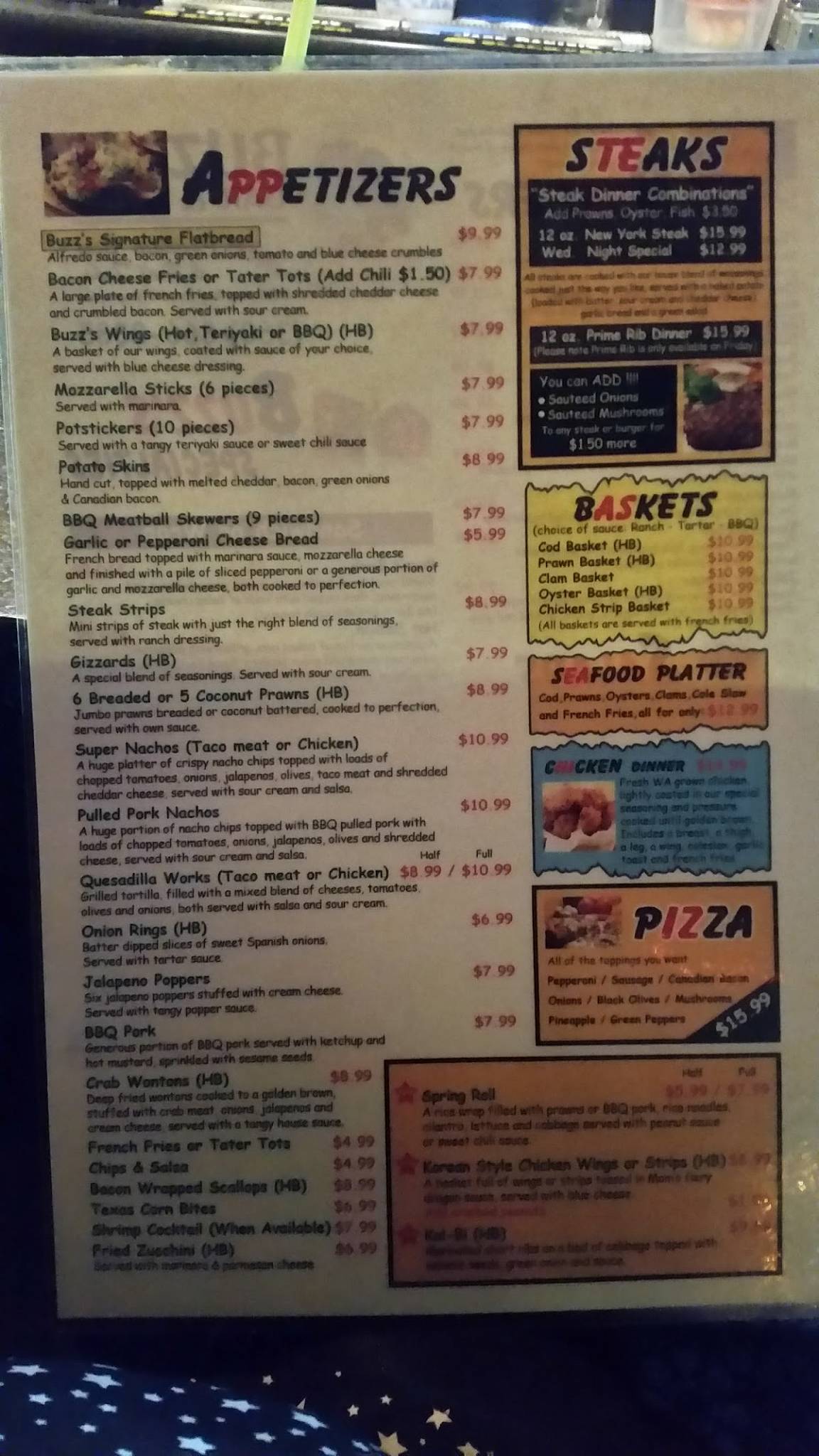 Menu at Buzz's Bar & Grill, Olympia