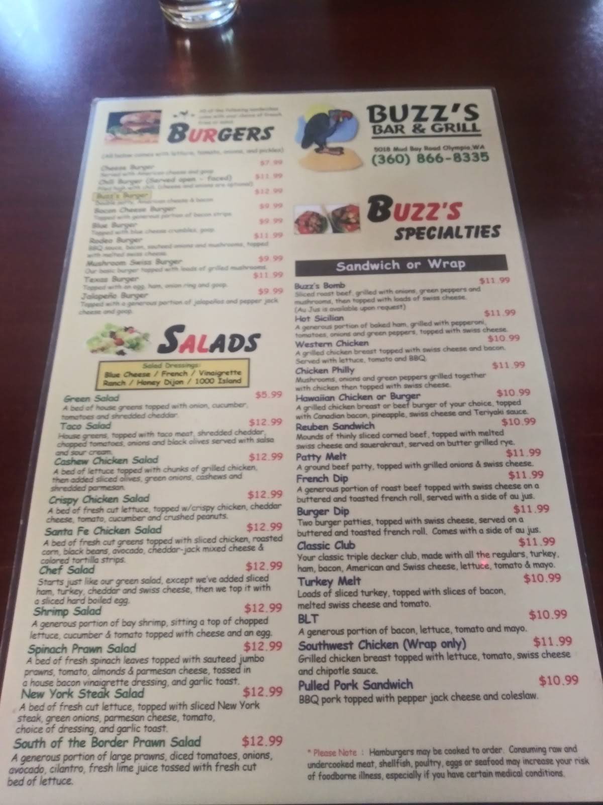 Menu at Buzz's Bar & Grill, Olympia