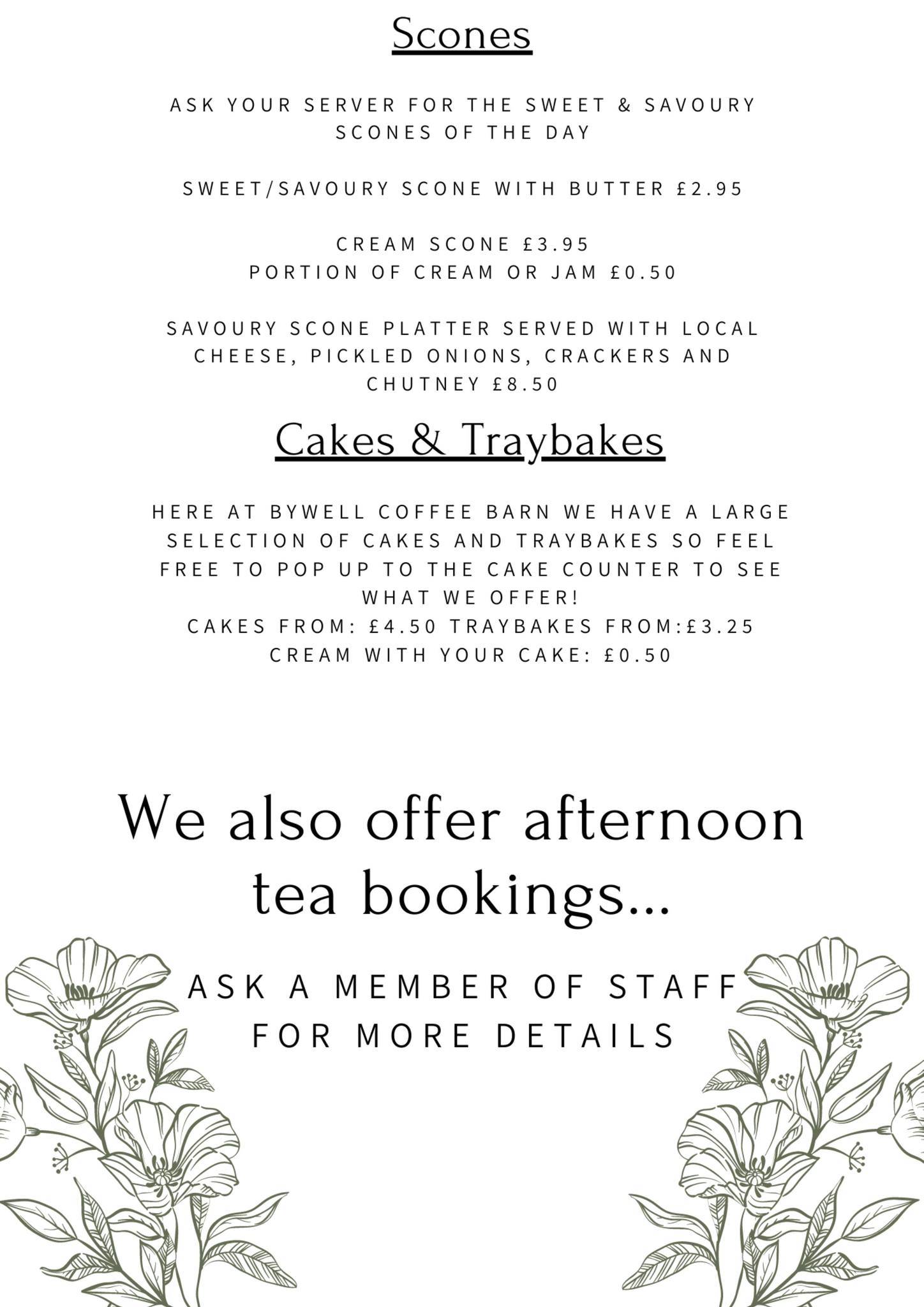 Menu at Bywell Coffee Barn, Stocksfield