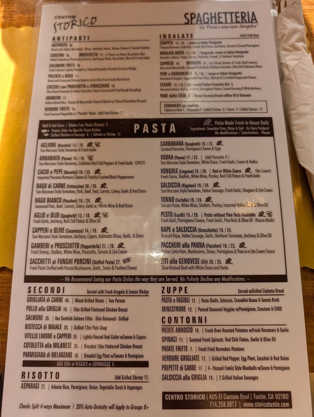 Menu at Storico Spaghetteria restaurant, Tustin