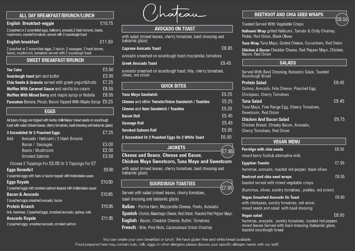 Menu at CHATEAU COFFEE HODDESDON cafe, Hoddesdon