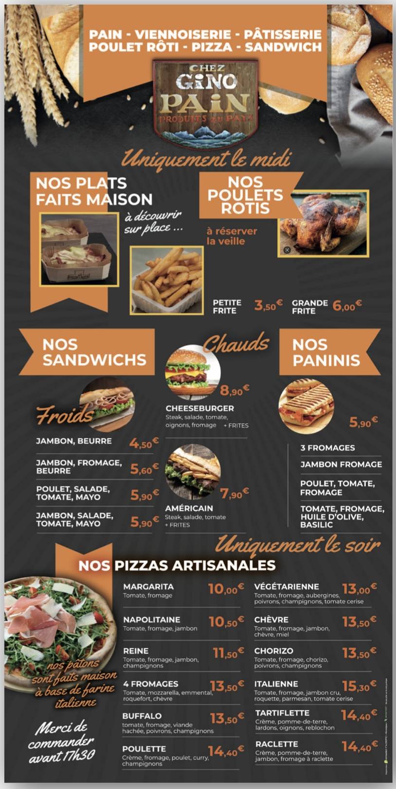 Menu au CHEZ GINO fast food, Germ, Rés Royal Peyragudes