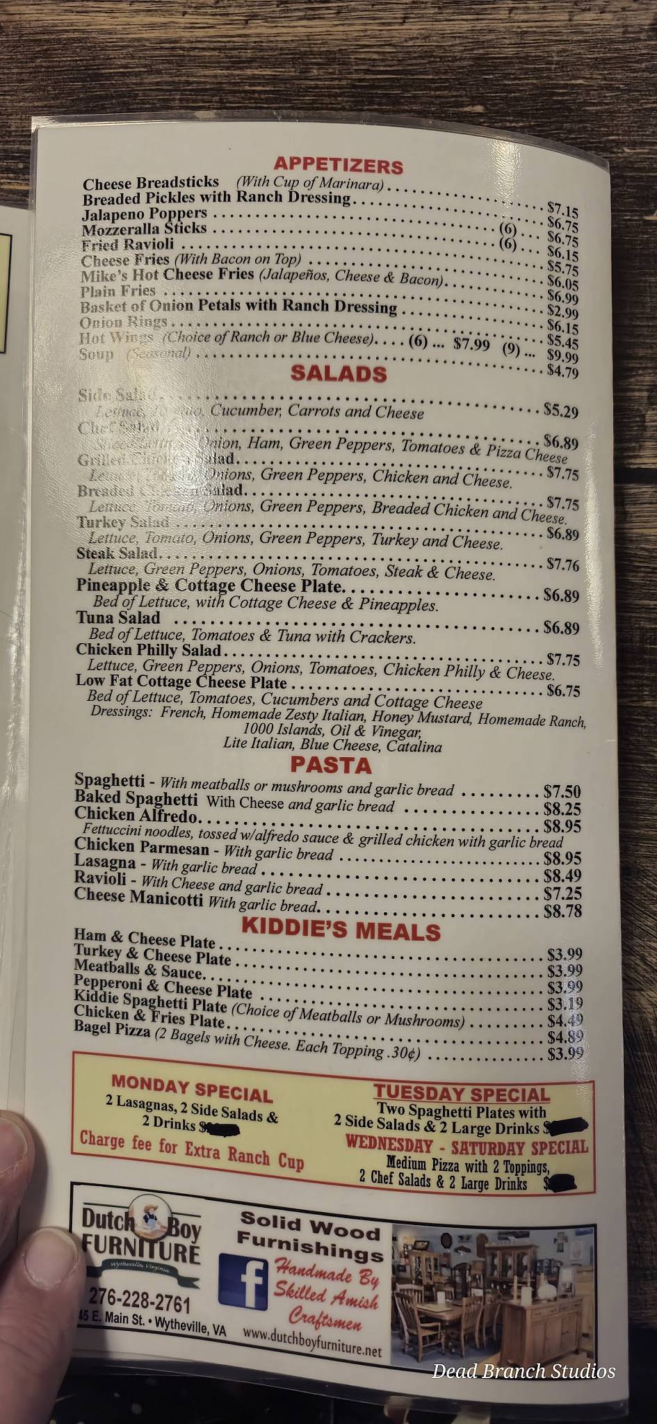 Menu at CJ's Pizza & Subs pizzeria, Wytheville