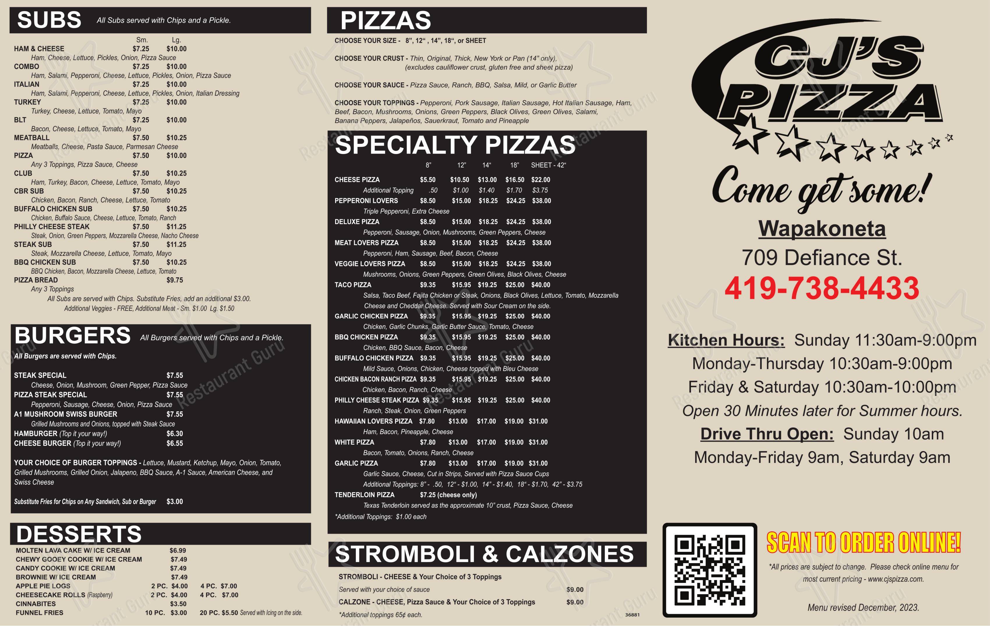 Menu at CJ's Pizza & Subs pizzeria, Wytheville