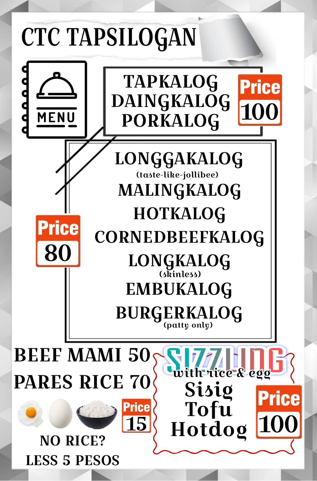 Menu at CTC Tapsilogan restaurant, Makati
