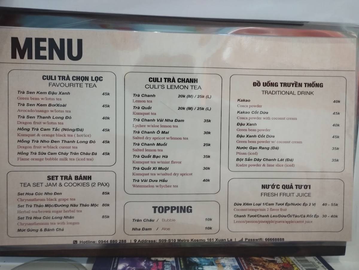 Menu at Cà phê CuIi 4 Kosmo, Hanoi