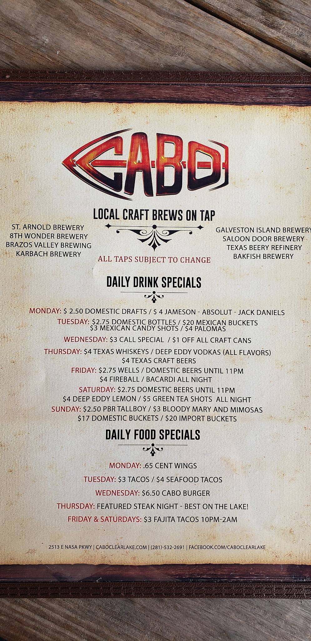 Menu at Cabo Clear Lake pub & bar, Seabrook, NASA Road 1