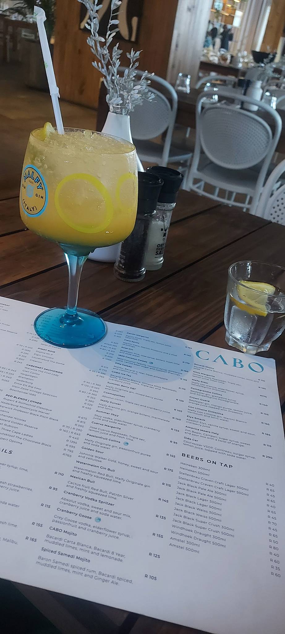 Menu at Cabo Beach restaurant, Cape Town