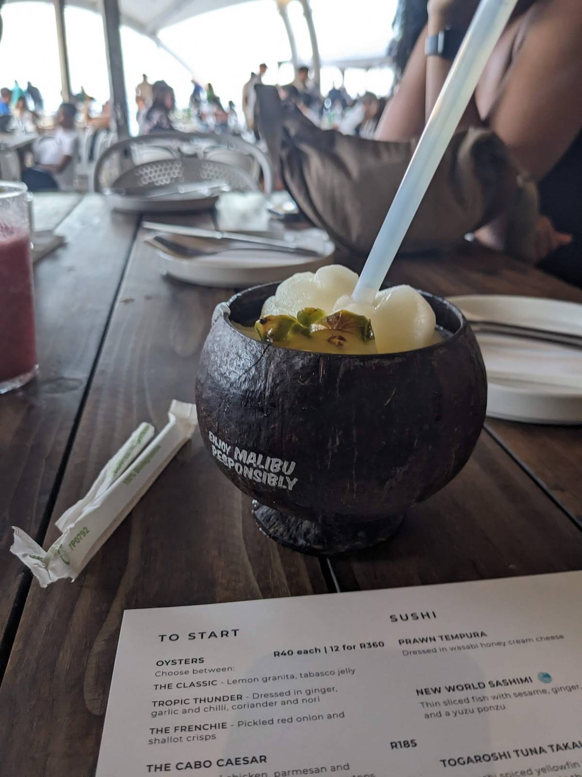 Menu at Cabo Beach restaurant, Cape Town