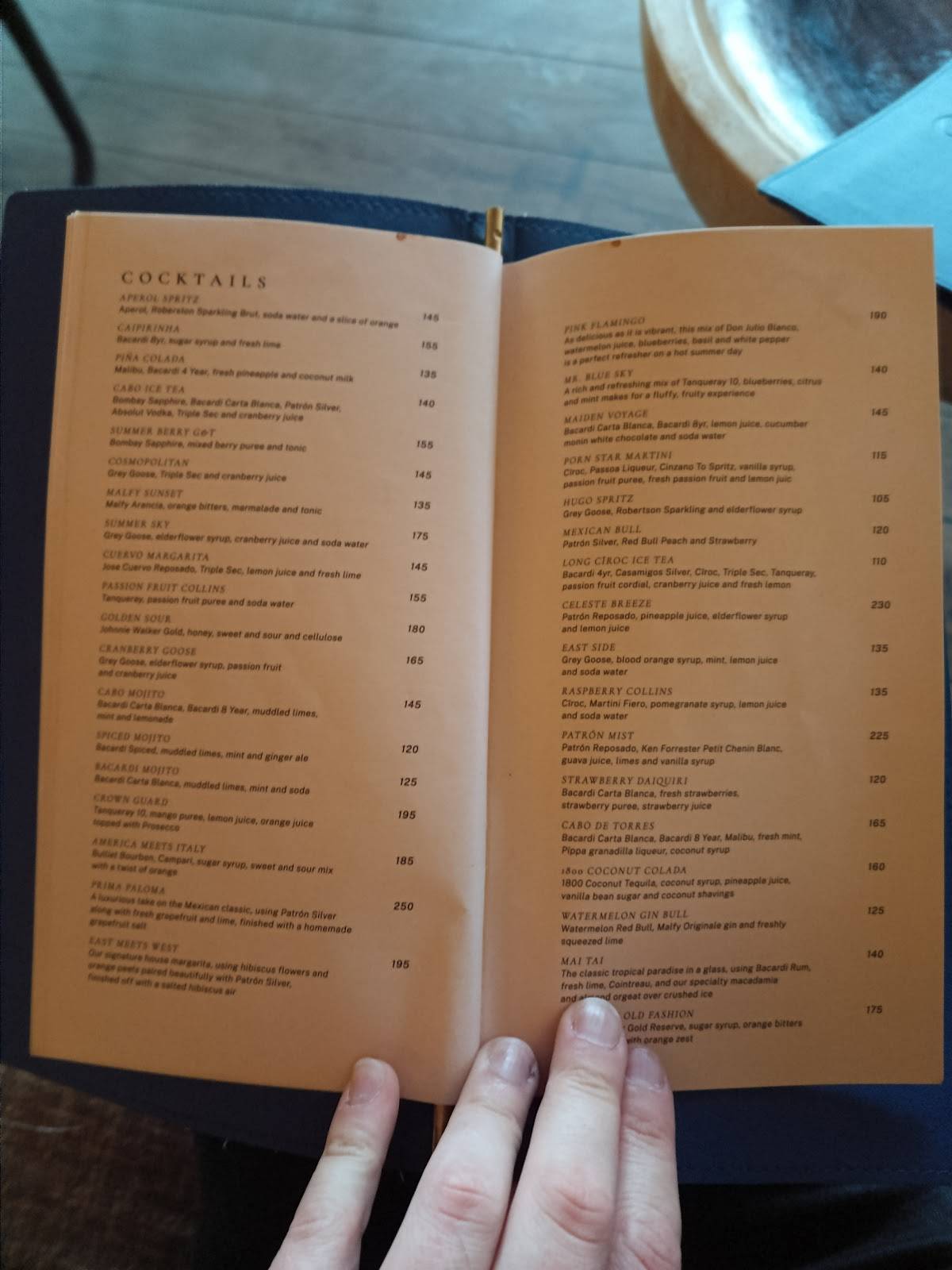 Menu at Cabo Beach restaurant, Cape Town