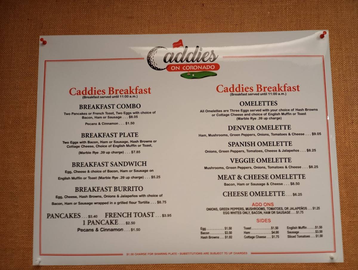 Menu at Caddies on Coronado restaurant, Hot Springs Village