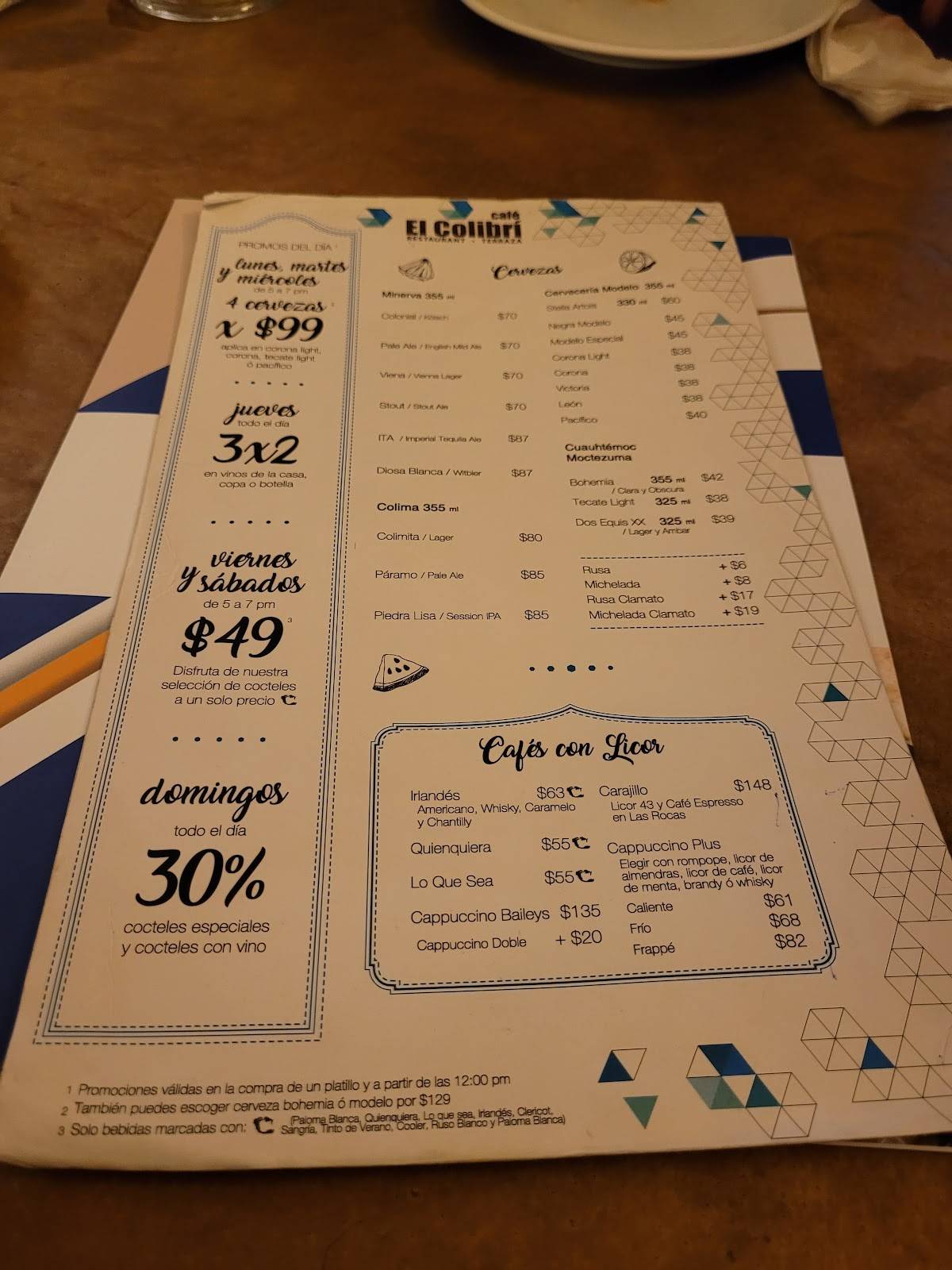 Carta de Café El Colibrí, Zapopan, Av. de Las Fuentes 68