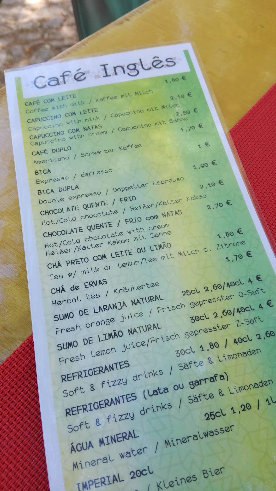 Menu at Café Inglês, Silves