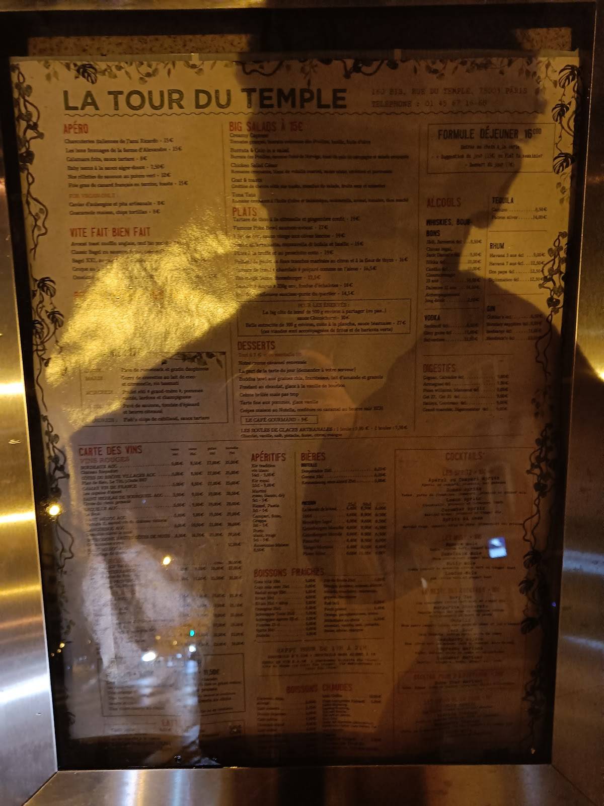 Menu au Café La Tour du Temple, Paris, 160bis Rue du Temple