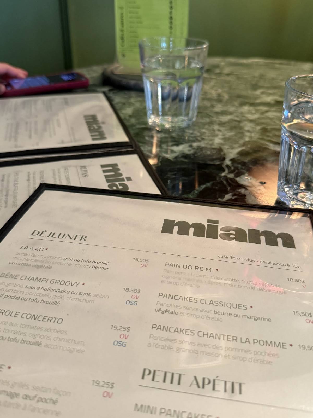 Menu au Café 440, Sherbrooke