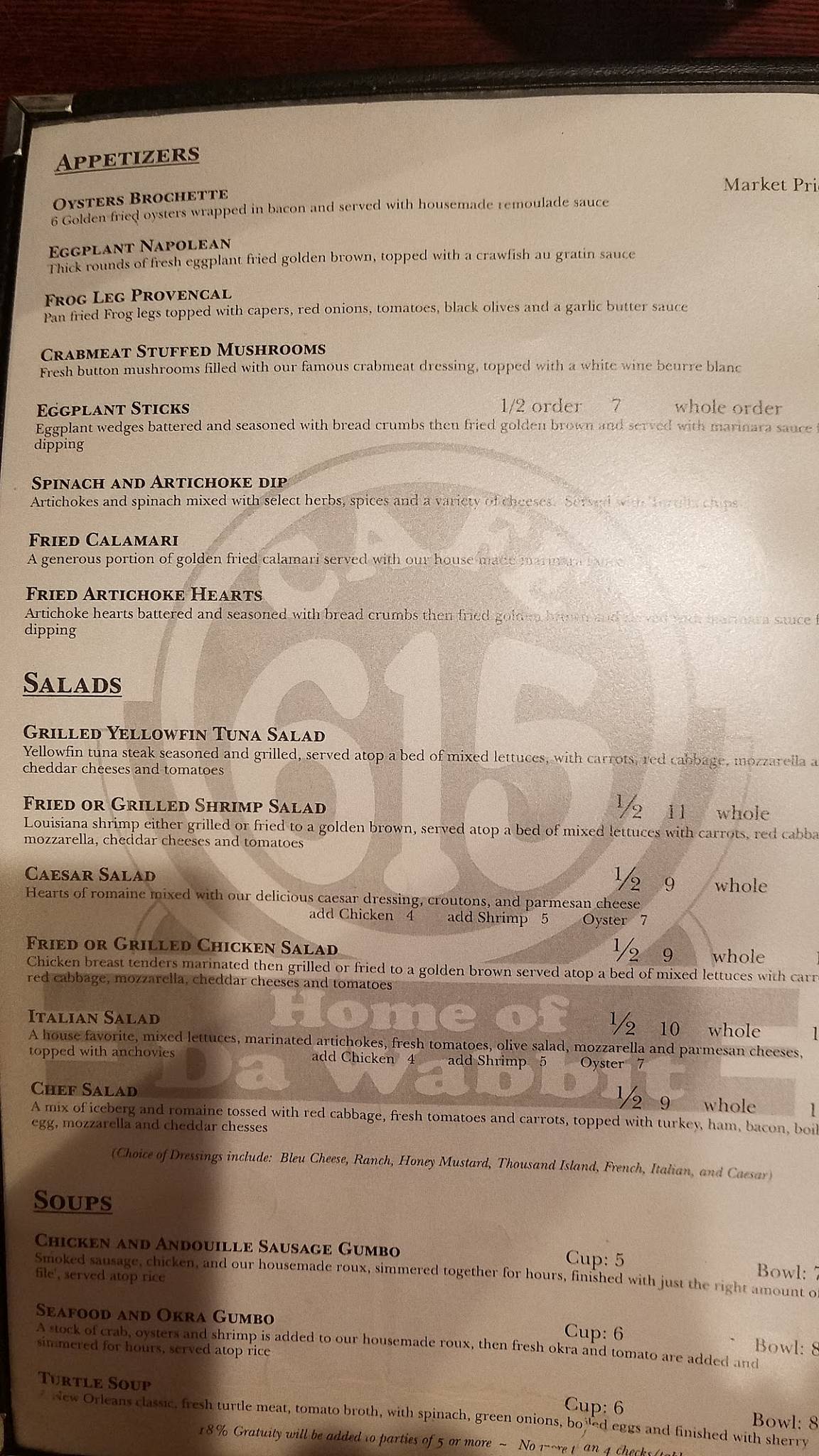Menu at Cafe 615 (Home of Da Wabbitt), Gretna