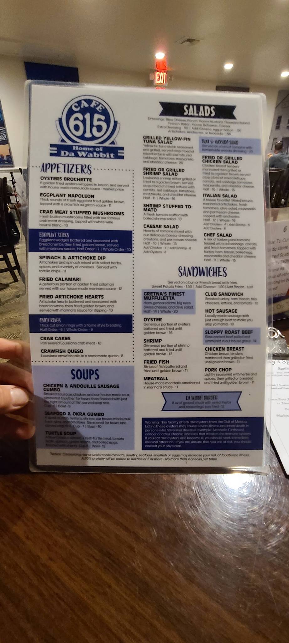 Menu at Cafe 615 (Home of Da Wabbitt), Gretna