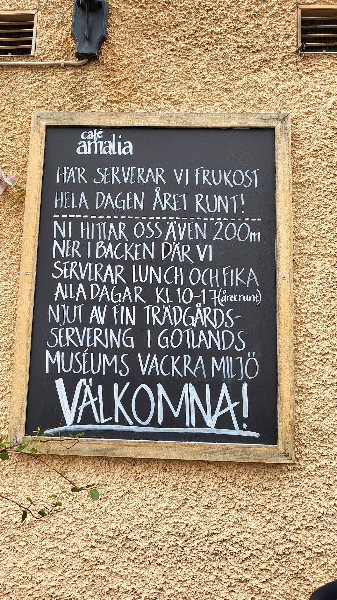 Menu at Café Amalia cafe, Visby, Södra Kyrkogatan 4B