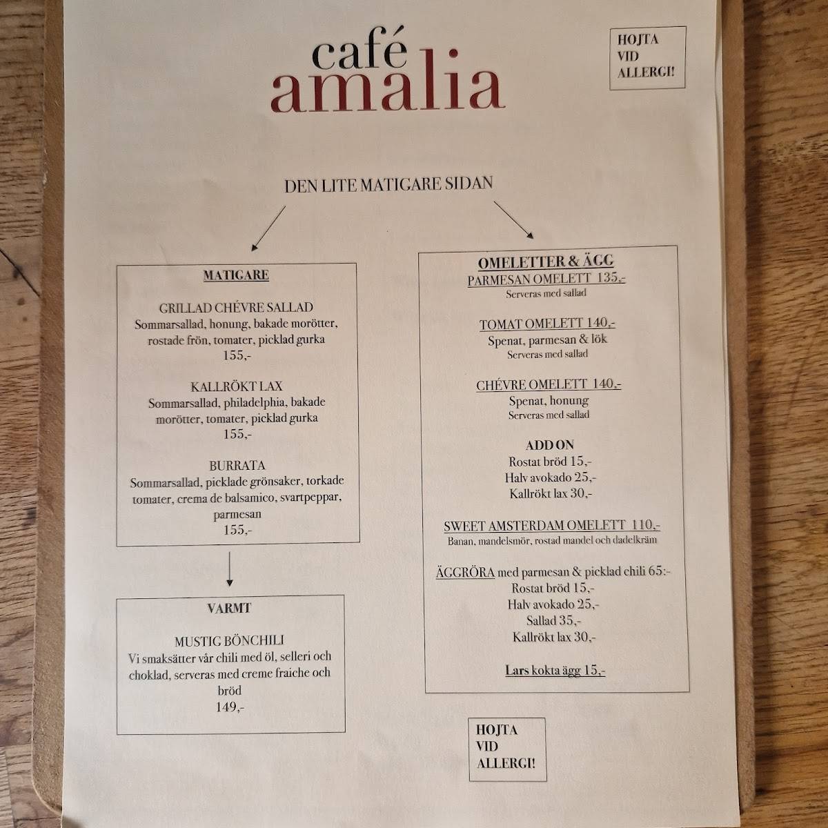 Menu at Café Amalia cafe, Visby, Södra Kyrkogatan 4B