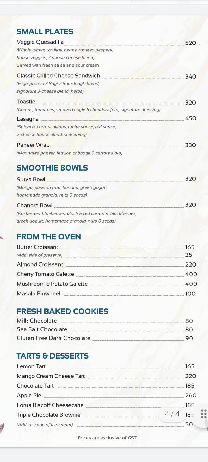 Menu at Ananda Cafe, Mumbai
