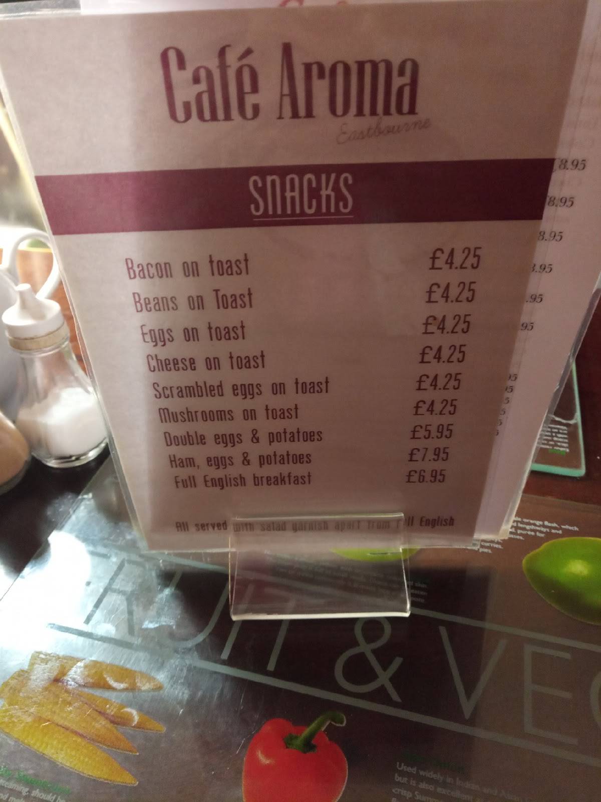 Menu at Cafe Aroma, Eastbourne