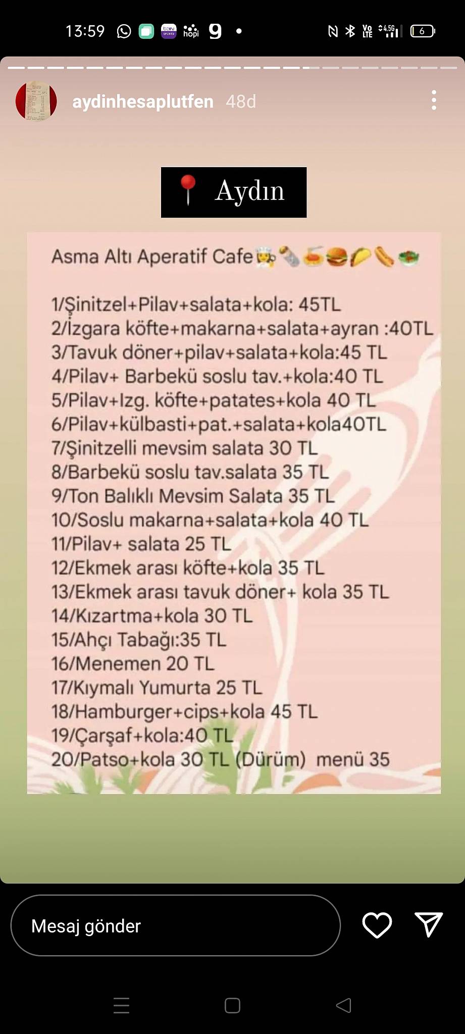 Menu at Asma Altı Aperatif Cafe, Aydın