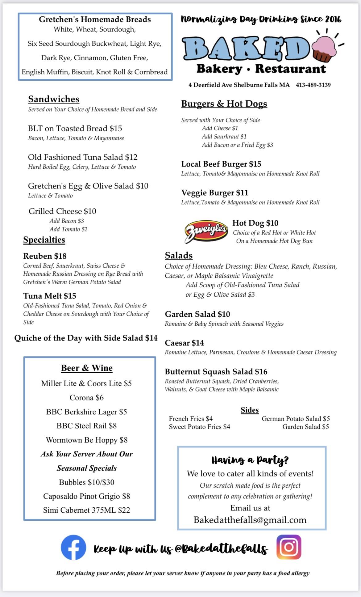 Menu at Baked cafe, Shelburne Falls