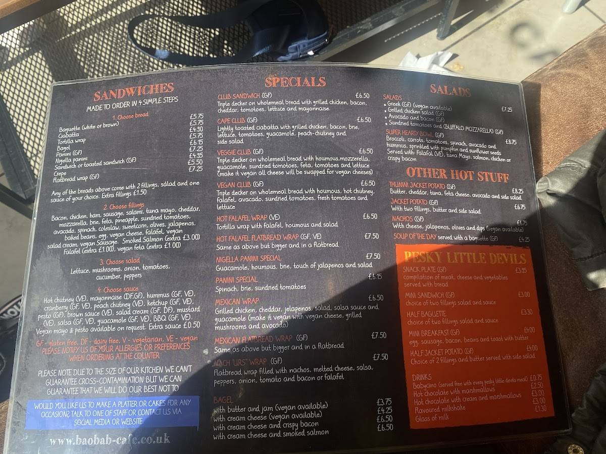 Menu at Baobab Cafe, Loughborough