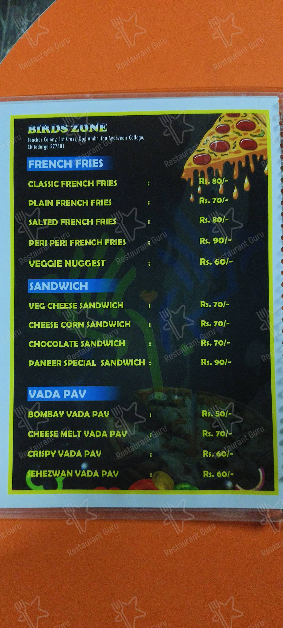 Menu at Birds Zone Cafeteria, Chitradurga