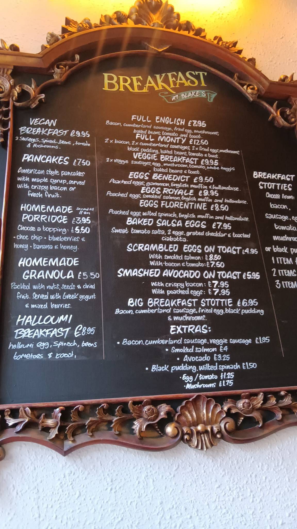 Menu at Blakes cafe, Newcastle upon Tyne