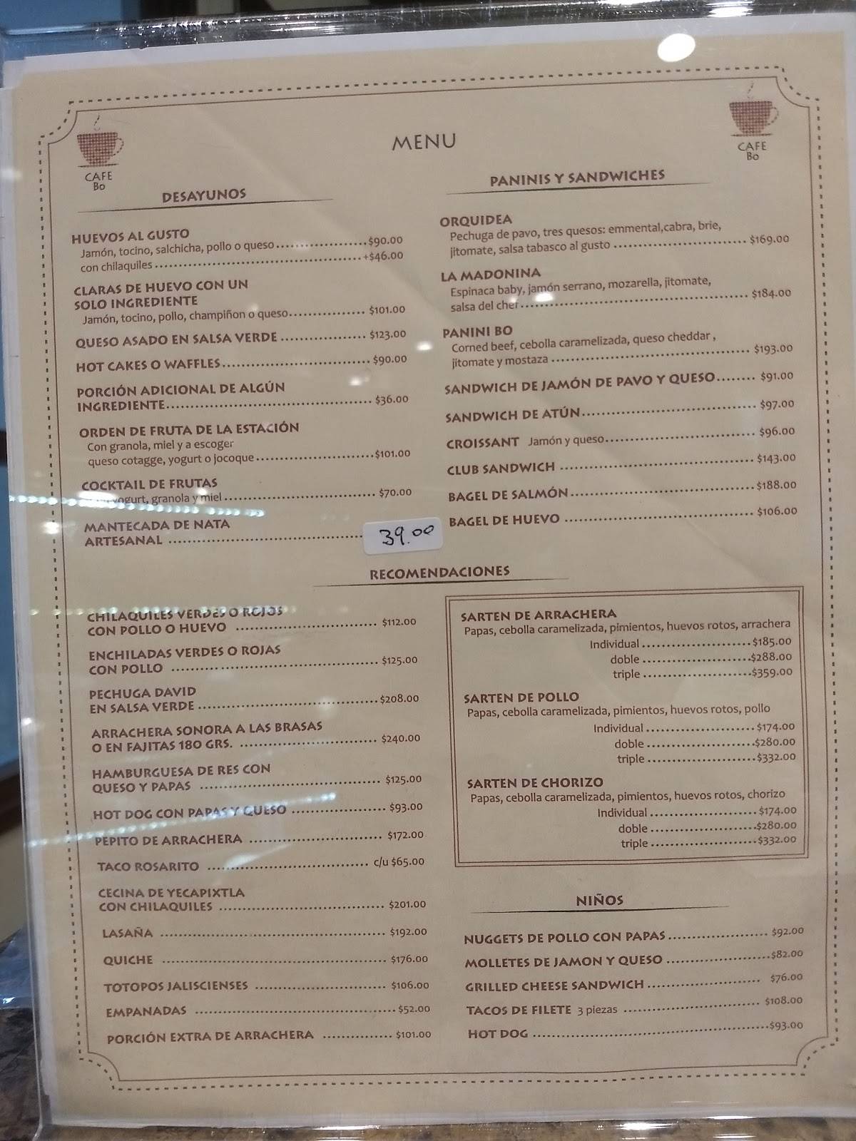 Menu at Café Bo, Mexico City