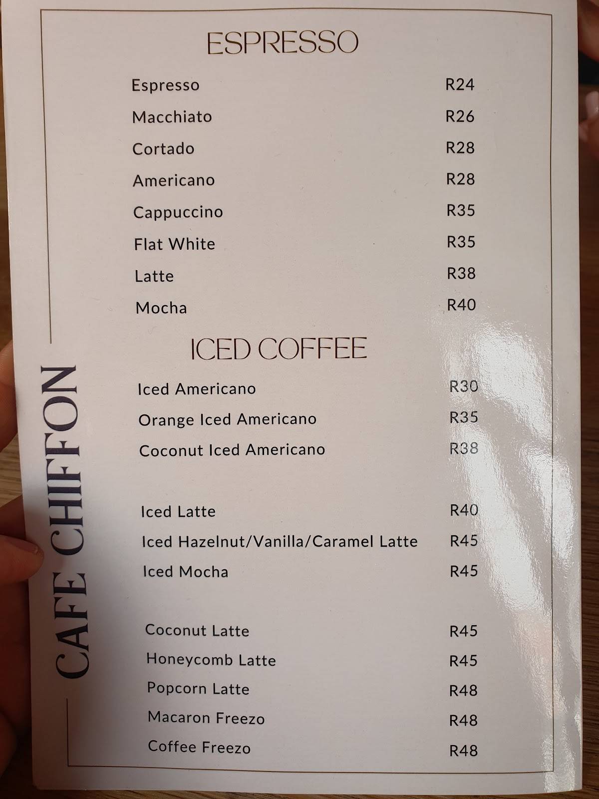 Menu at CAFE CHIFFON, Cape Town