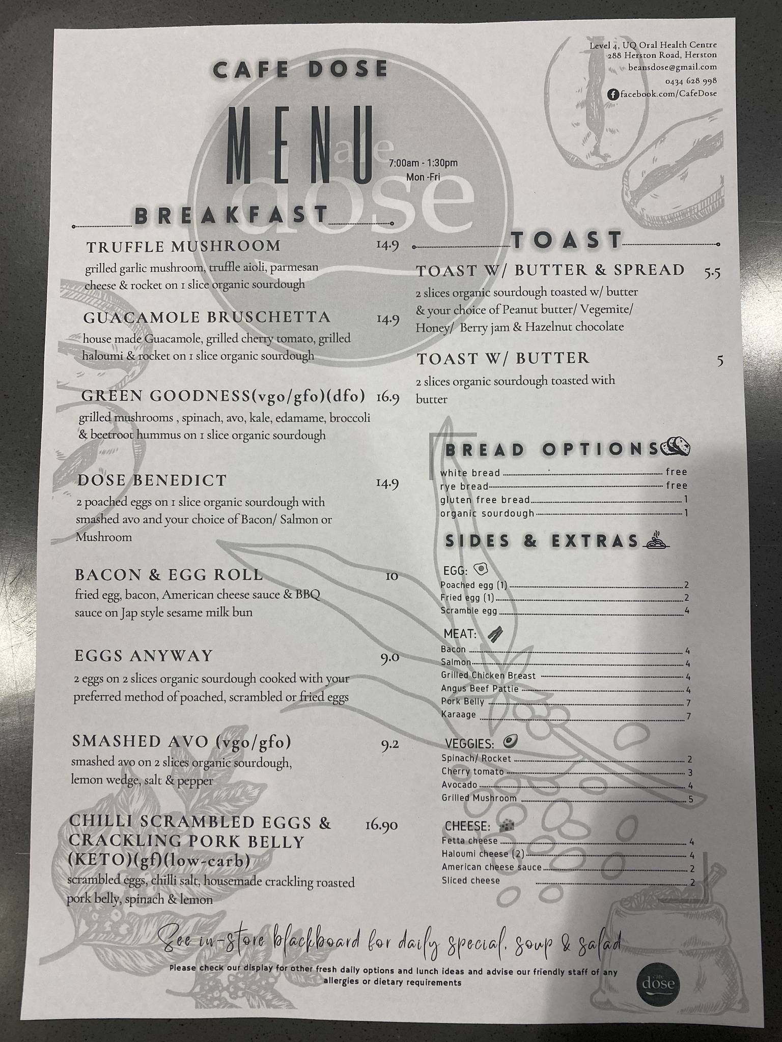 Menu at Cafe Dose, Herston, 288 Herston Rd