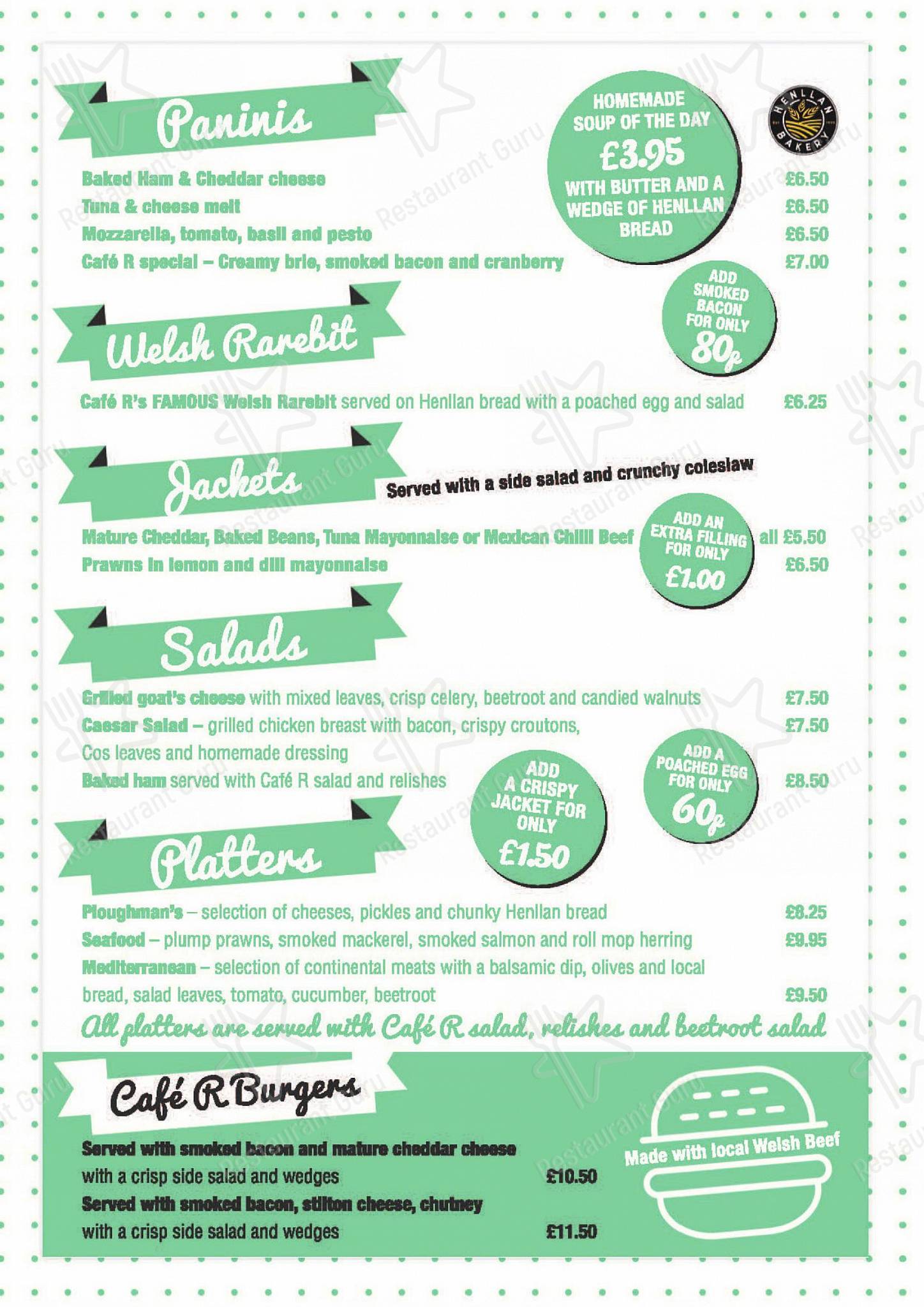 Menu at Cafe R, Ruthin, Craft Centre