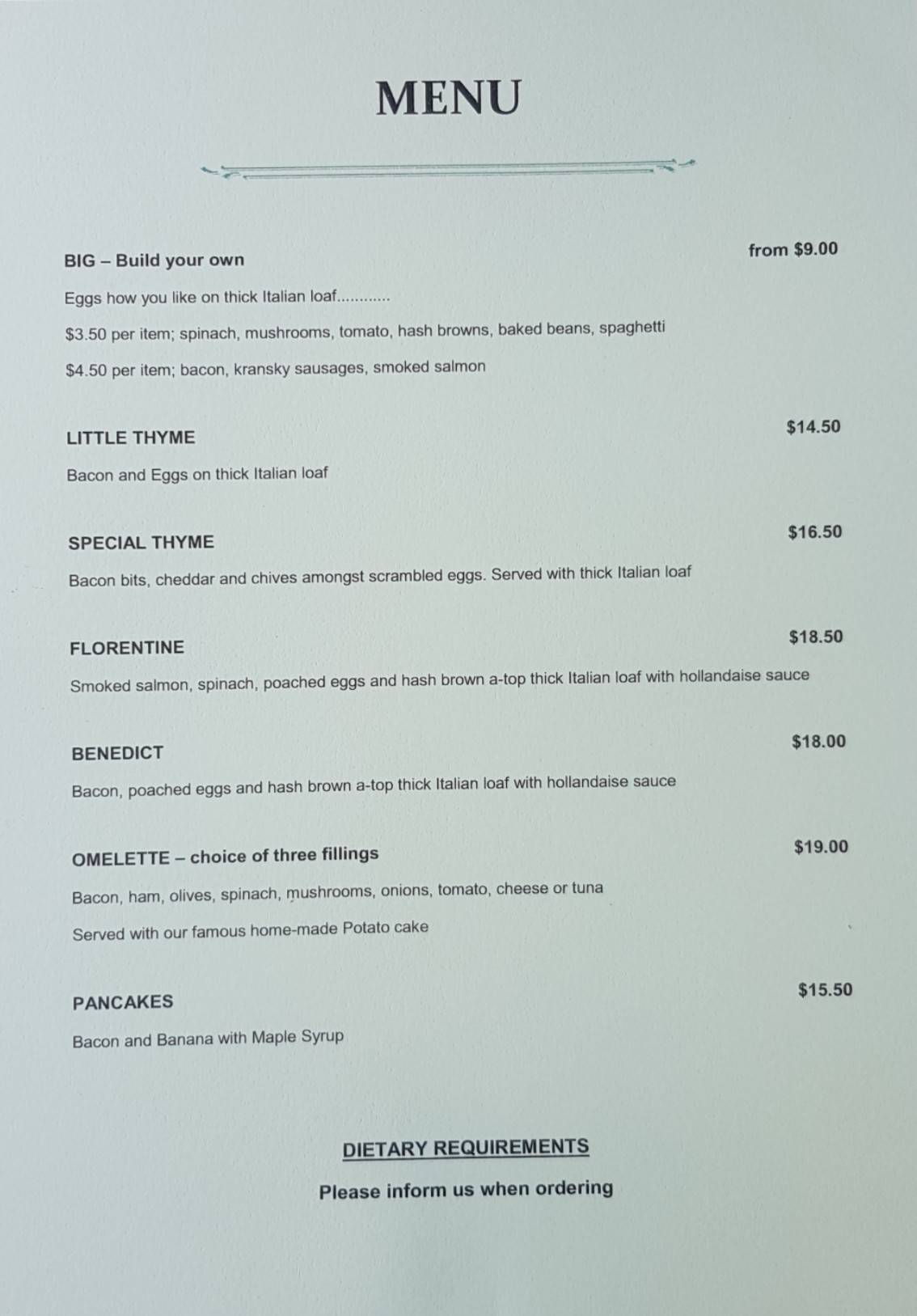 Menu at Cafe Thyme, Wellington