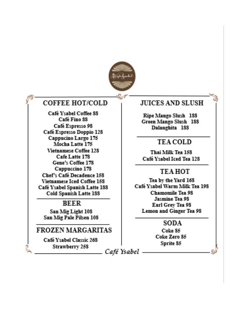 Menu at Café Ysabel cafe, San Juan, 175 M. Paterno
