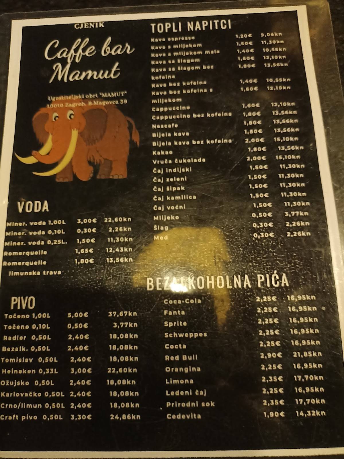 Menu da Caffe bar Mamut, Zagabria