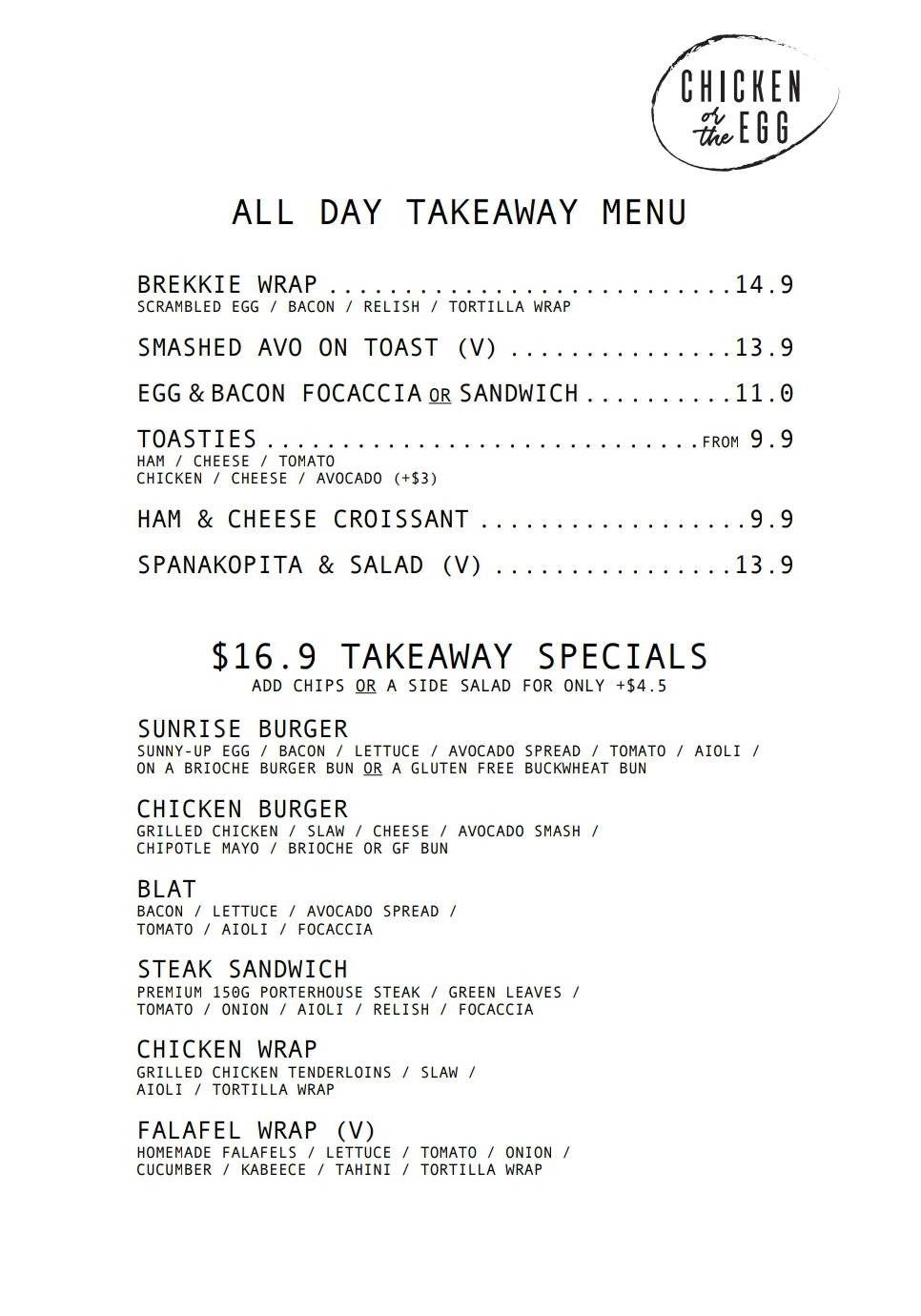 Menu at Chicken Or The Egg Cafe, Canterbury