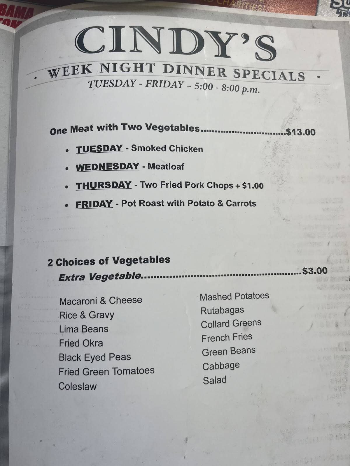 Menu at Cindy's Cafe, Prattville